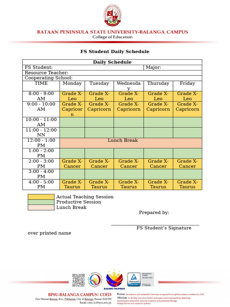 FS Student Weekly Class Schedule | PDF