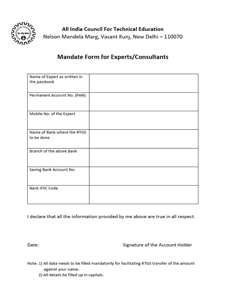 AICTE-DPS-Annexure 2 Mandate Form for Experts24-25 | PDF
