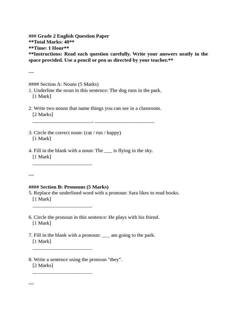 Grade 2 English Exam Questions | PDF | Pronoun | Noun