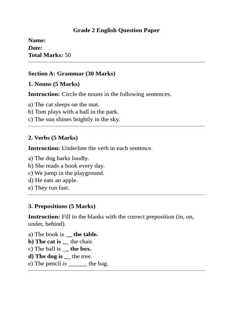 Grade 2 English Question Paper | PDF | Verb | Noun