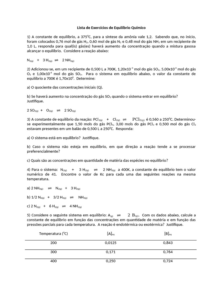 Lista Extra de Equilíbrio Químico (1) | PDF | Equilíbrio químico ...