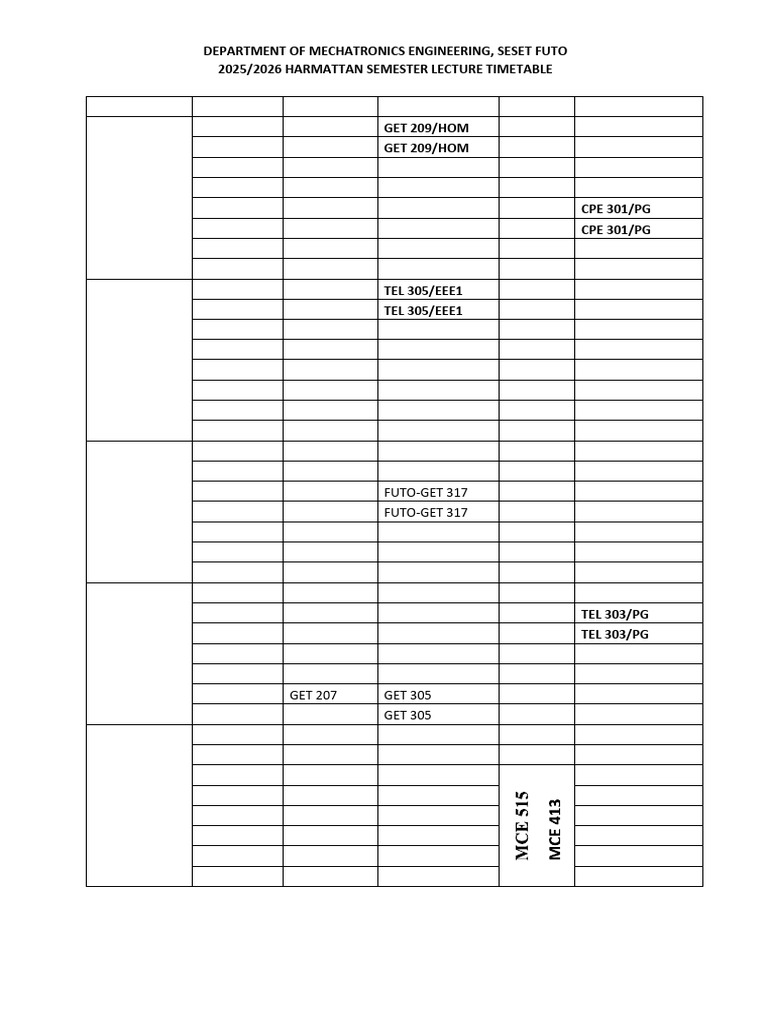 MCE 2025-2026 Harmattan Lecture TimeTable | PDF