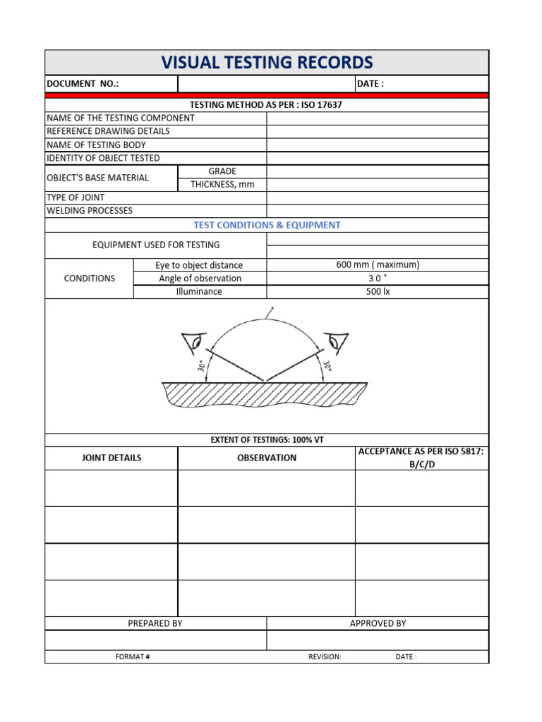VT - Visual Testing - Welding Inspection Form | PDF