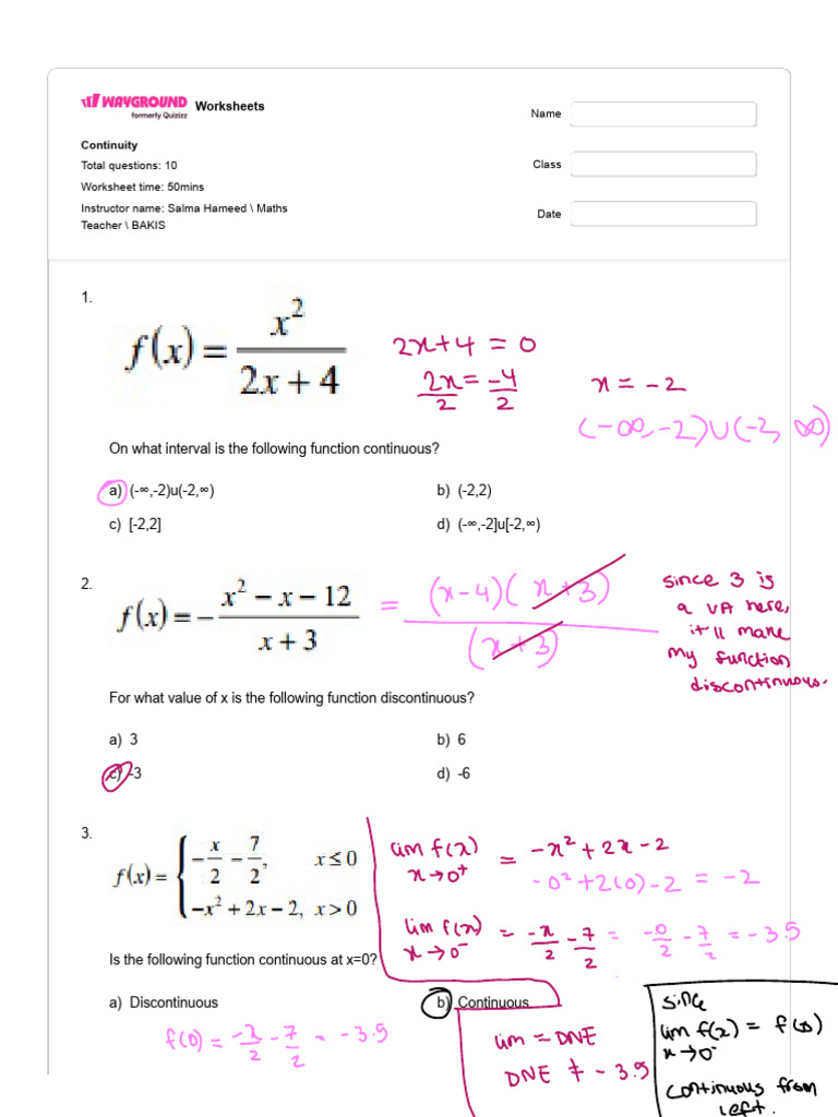 Continuity Worksheets for Math Class | PDF