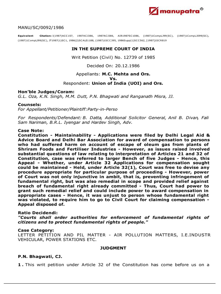 M.C. Mehta v. Union of India (1987) (1) | PDF | Writ | Certiorari