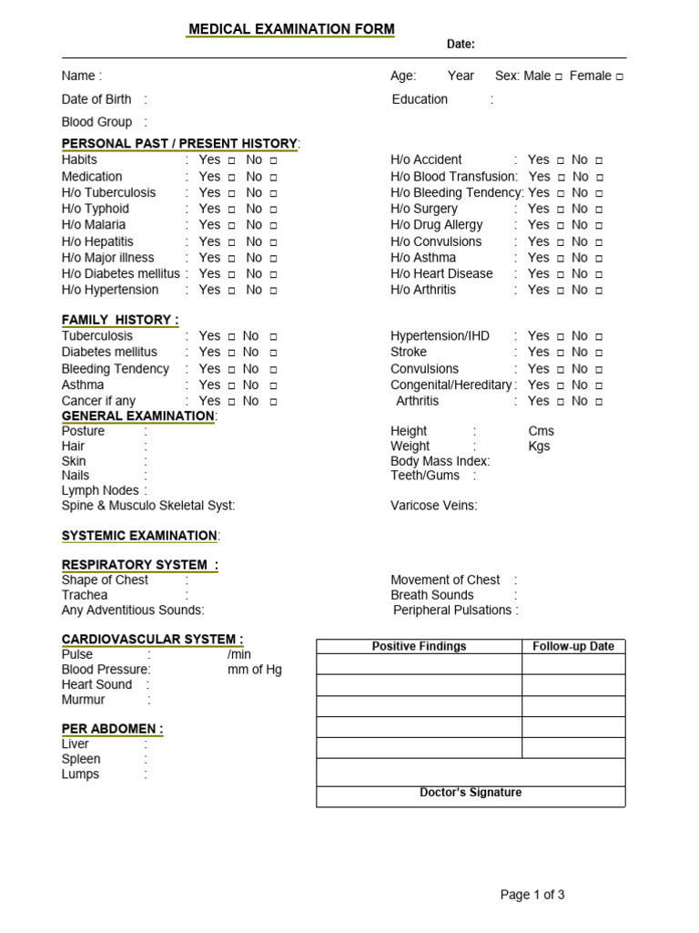Comprehensive Medical Examination Form | PDF | Stroke | Hypertension