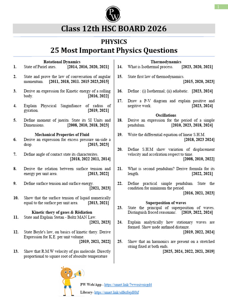 Important Physics Questions for HSC 2026 | PDF | Gases | Surface Tension
