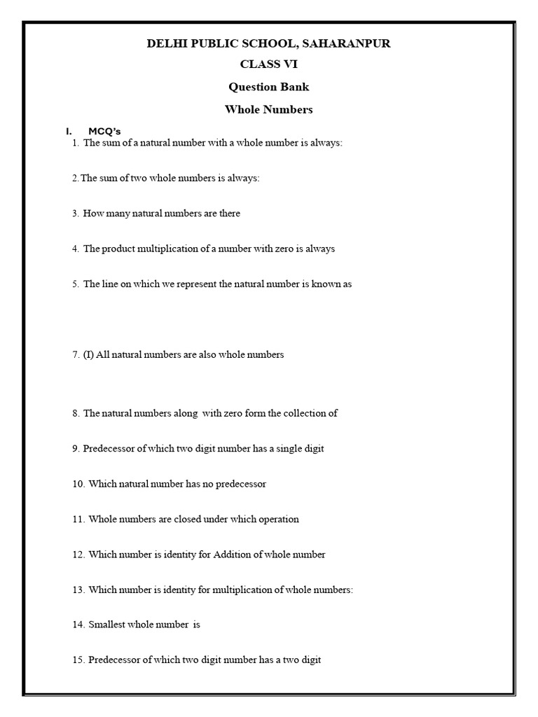 Class 6 Question Bank Whole Numbers | PDF