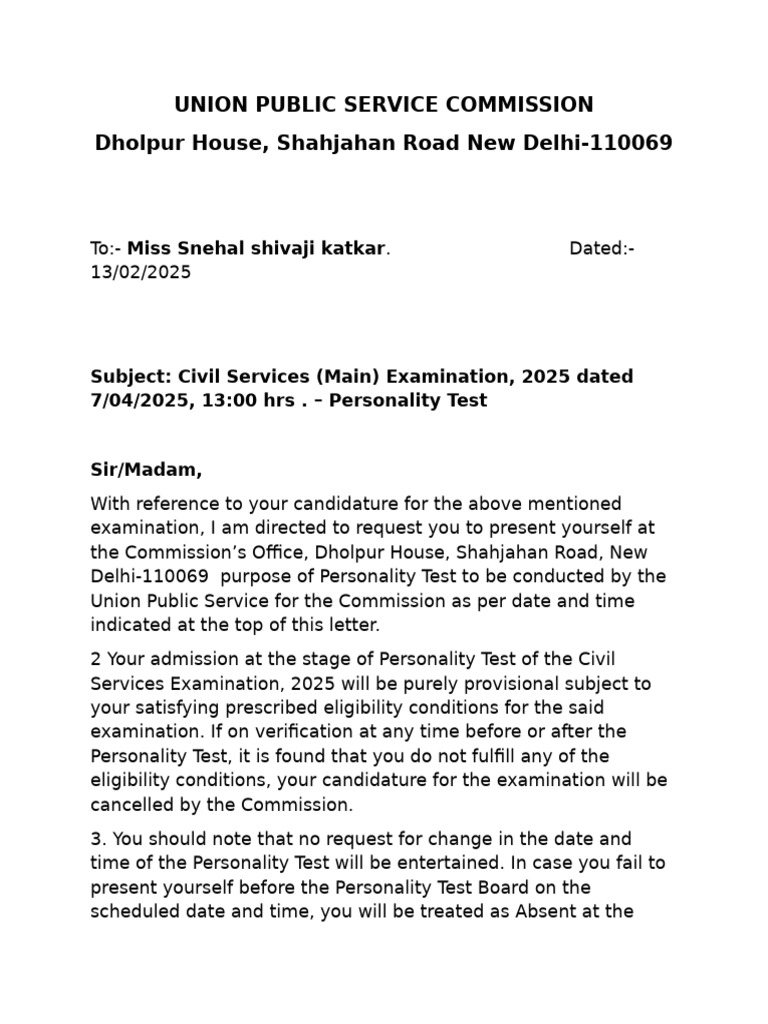927510236 UPSC Interview Call Letter 2025 | PDF