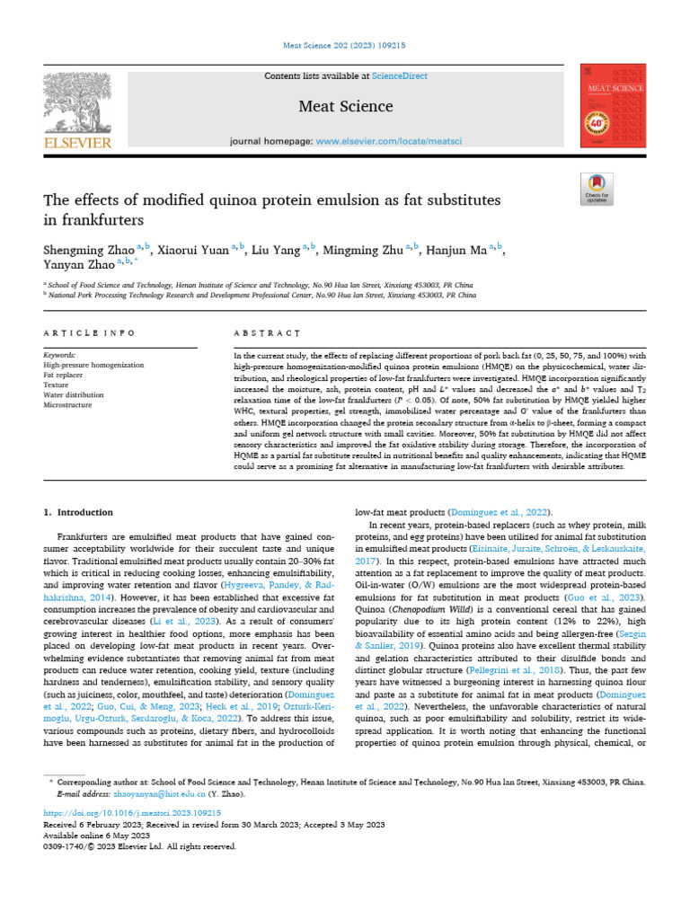 The Effects of Modified Quinoa Protein Emulsion as Fat Substitutes in ...
