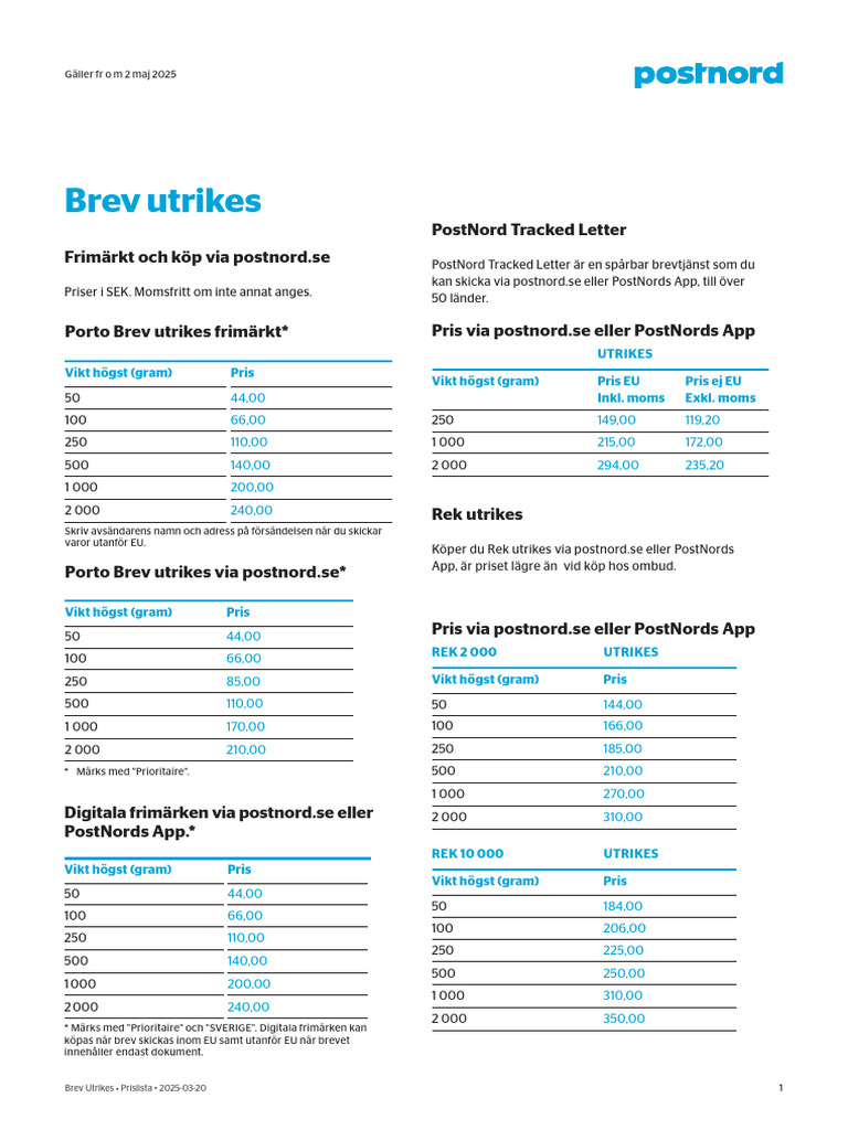 Brev Utrikes-Prislista Maj2025 | PDF