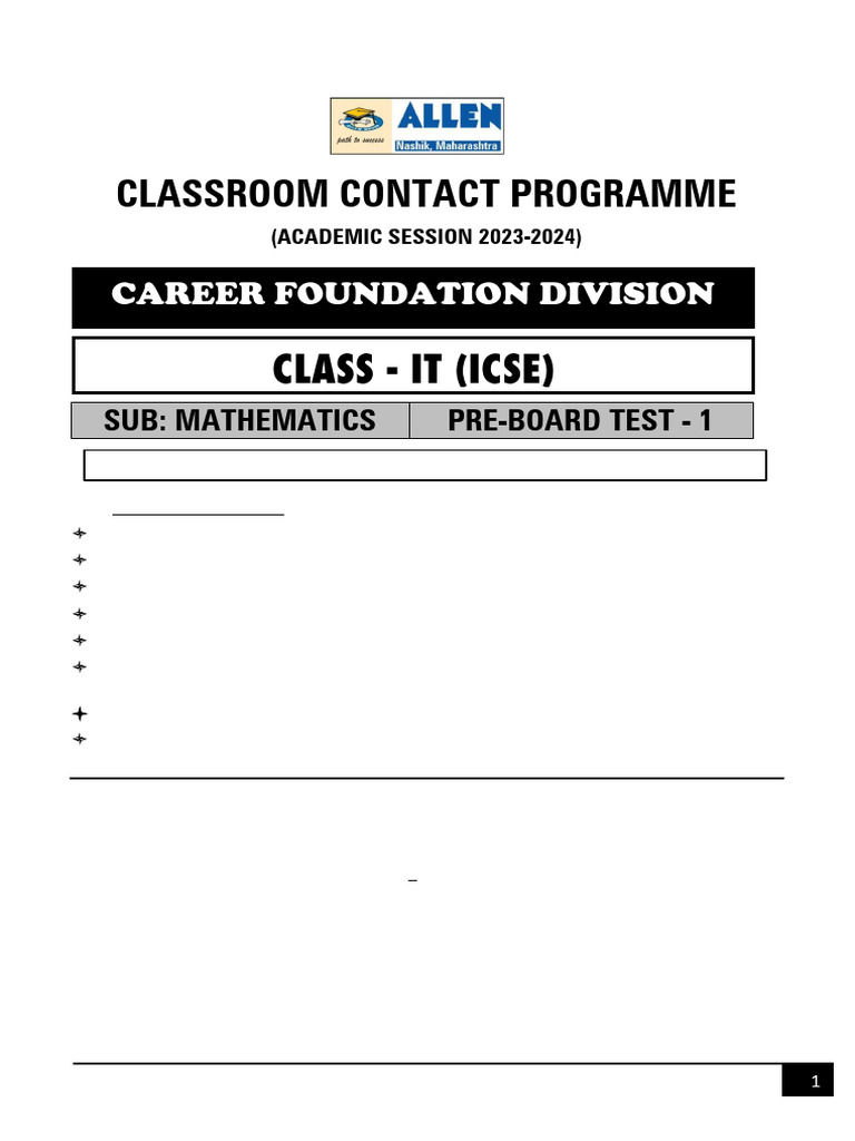 Mathematics Pre-Board Test 2023-24 | PDF