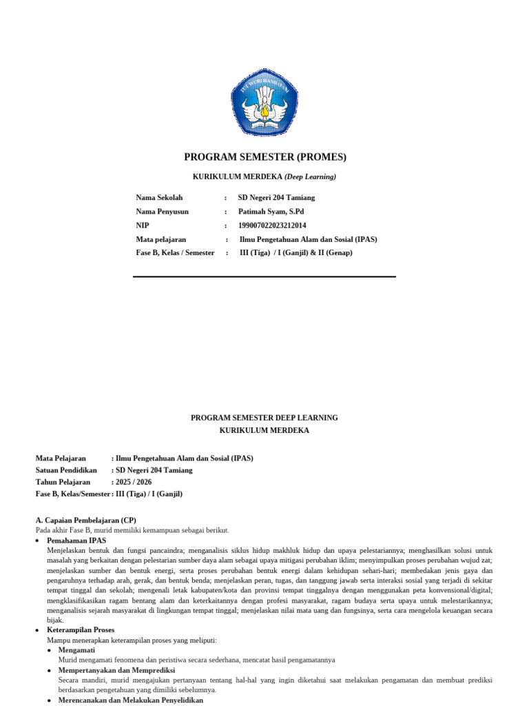 Promes IPAS Kelas III SD 2025/2026 | PDF