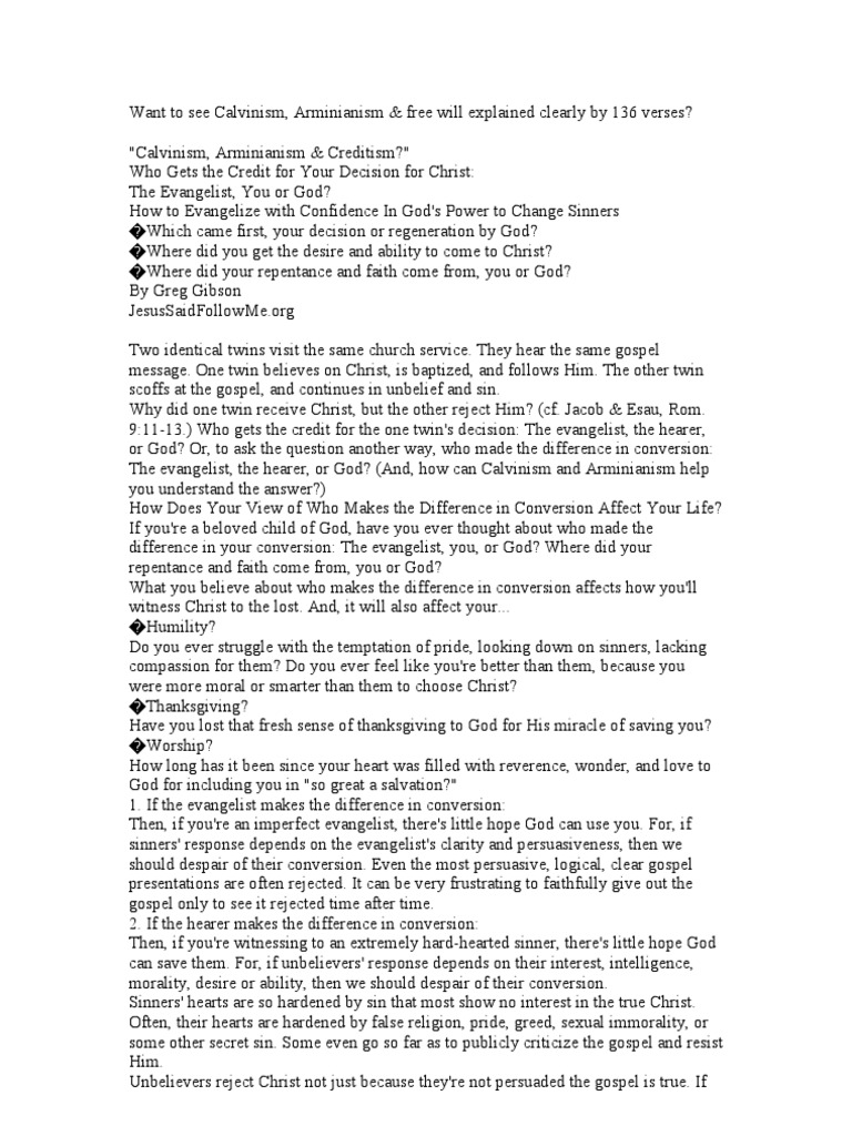 Calvinism vs. Arminian | PDF | Grace In Christianity | Conversion To ...