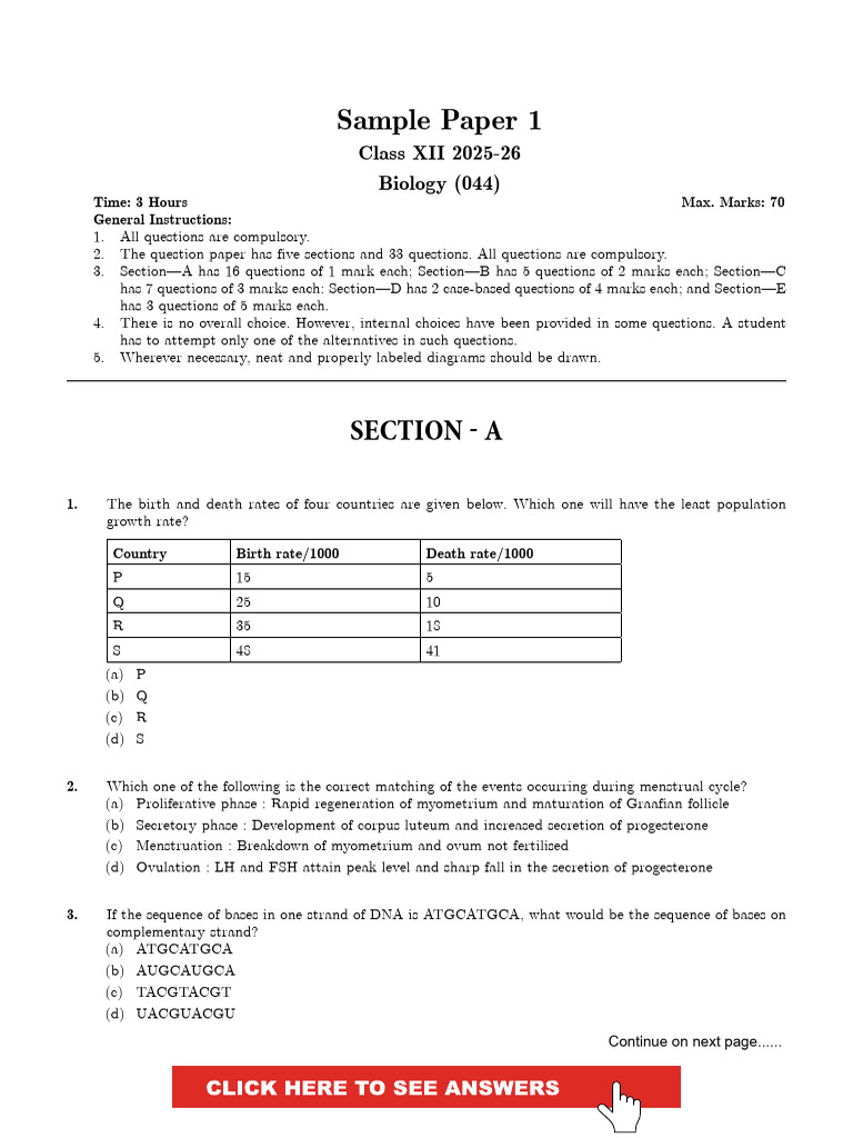 Biology Sample Paper -01 | PDF | Menstrual Cycle | Restriction Enzyme