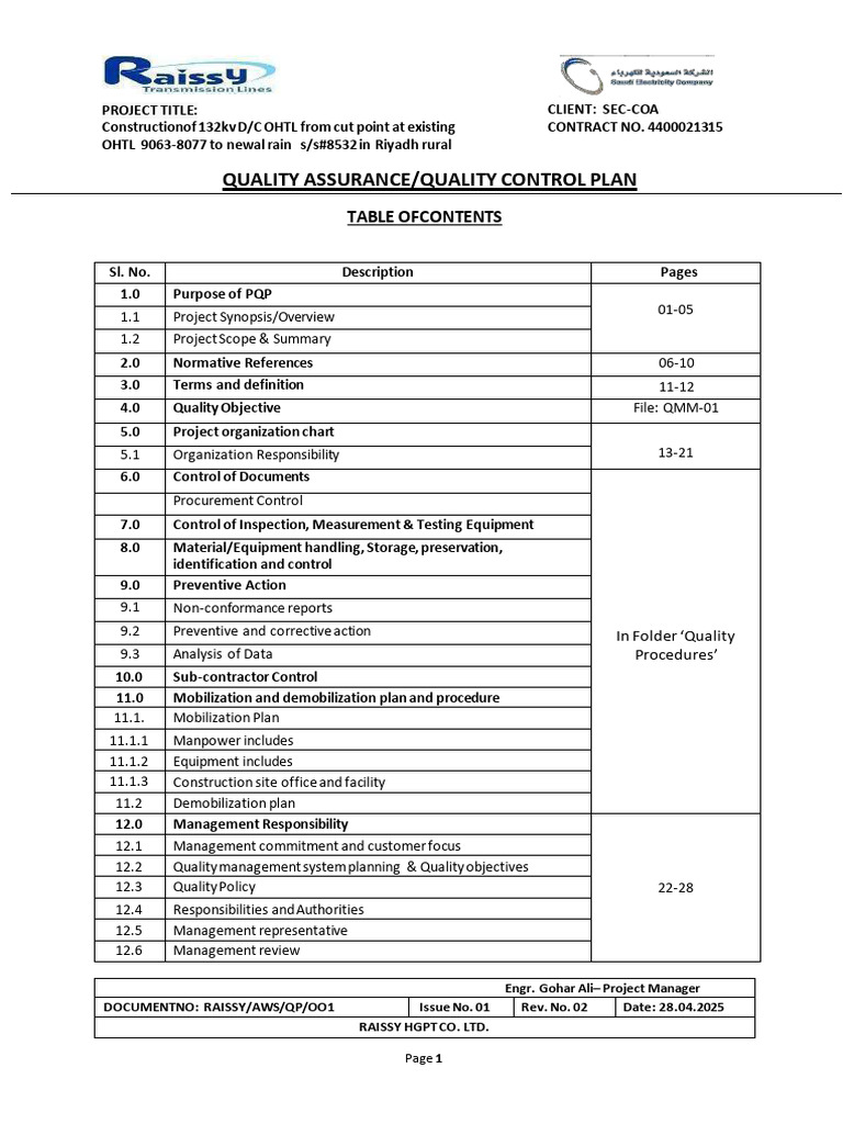Quality Assurance/Quality Control Plan: Table Ofcontents | PDF