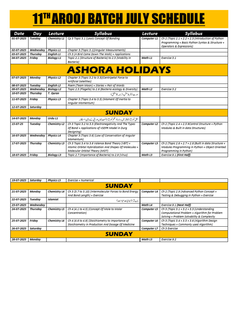 11th Arooj Batch July Schedule | PDF | Chemical Bond | Chemistry