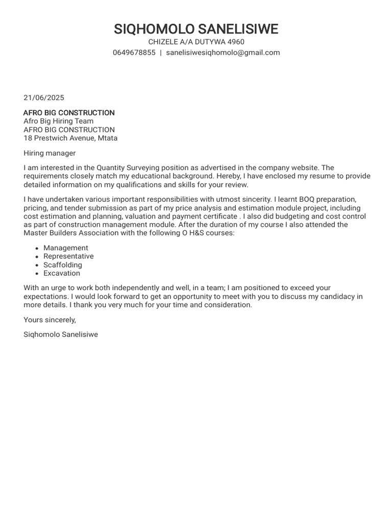 Quantity Surveyor Application Letter | PDF