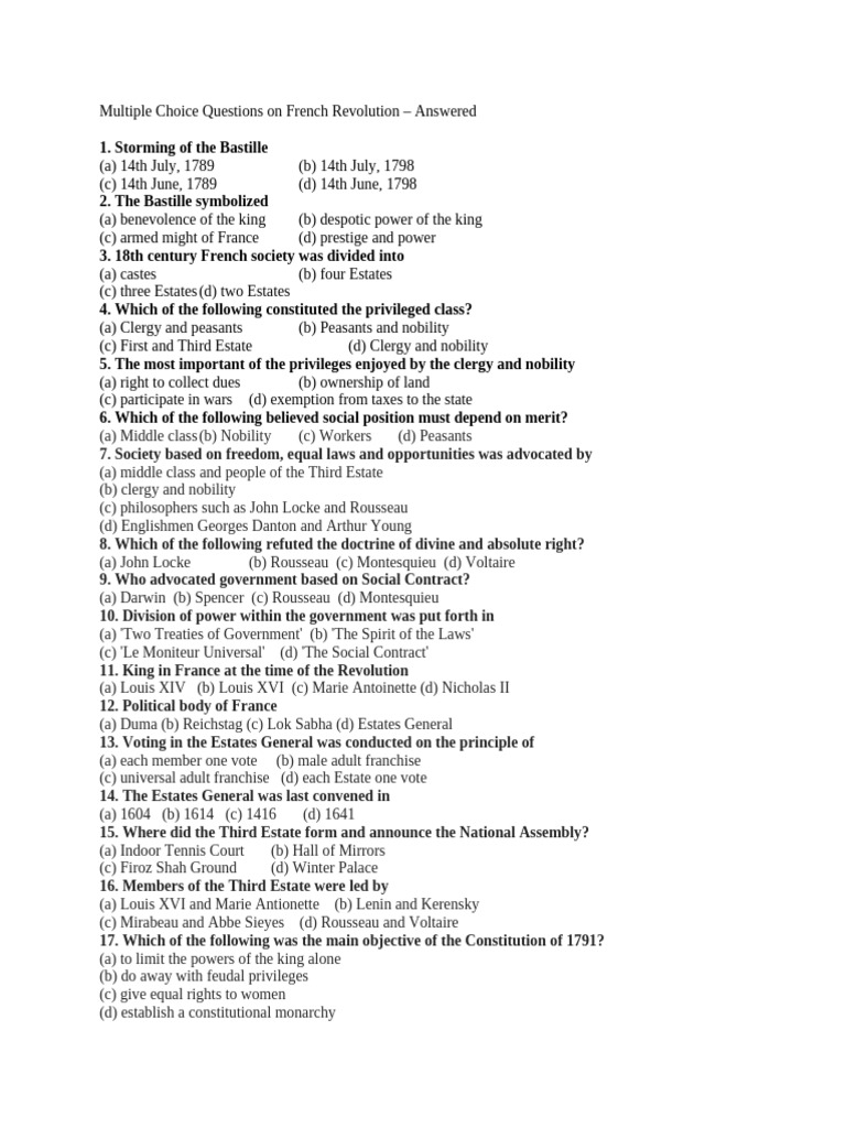 French Revolution Quiz with Answers | PDF | French Revolution | Marie ...