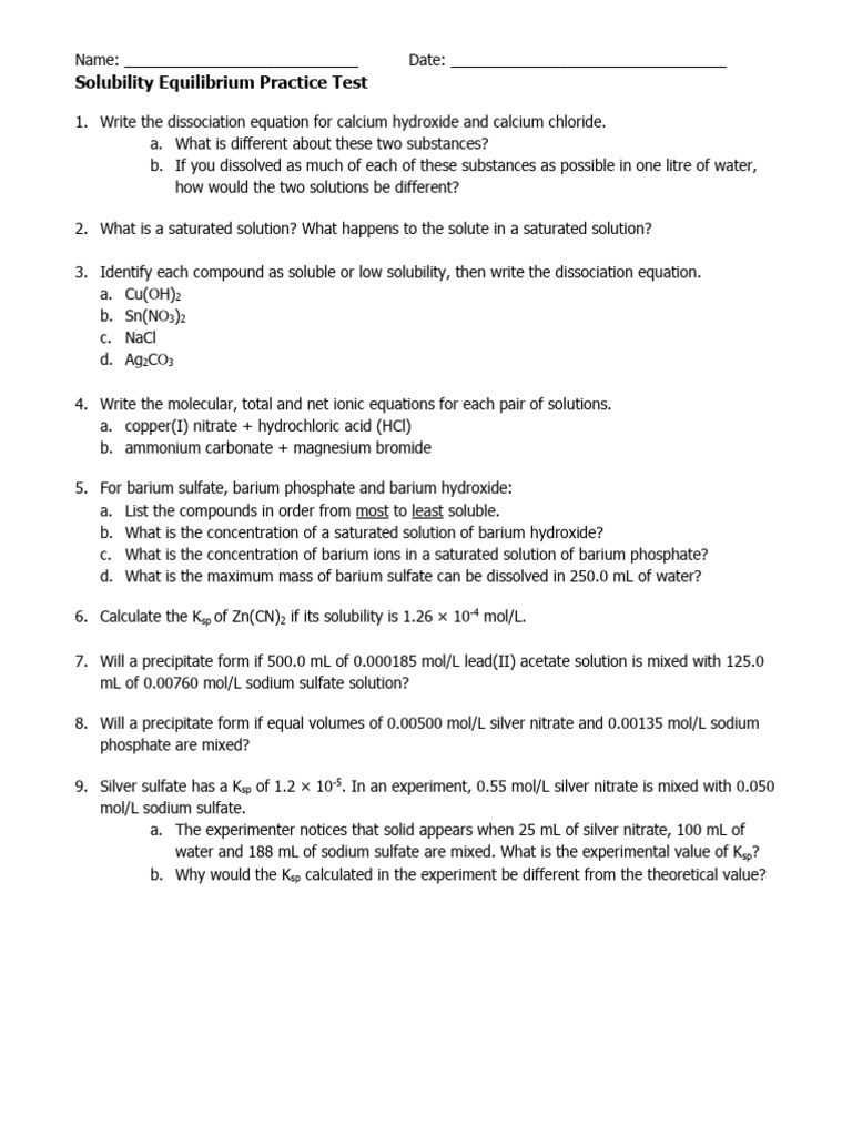 Solubility Equilibrium Practice Test | PDF