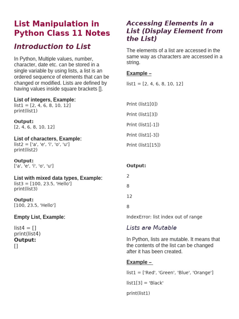 List Manipulation in Python Class 11 Notes | PDF | Cyan | Computing