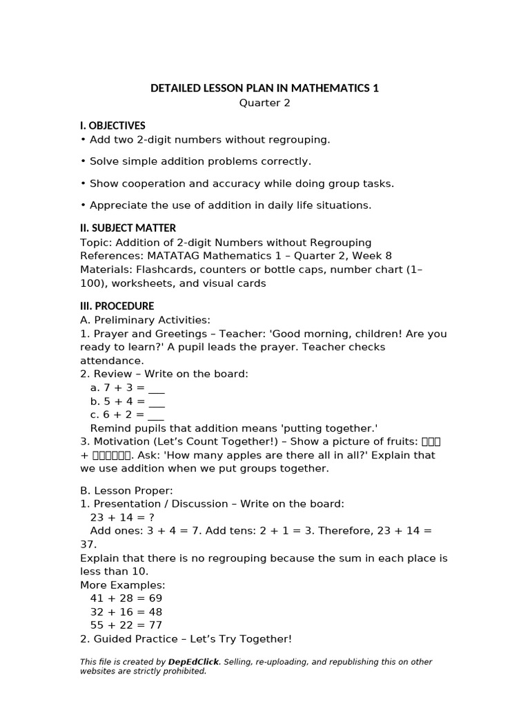 2-Digit Addition Lesson Plan | PDF | Lesson Plan | Cognition