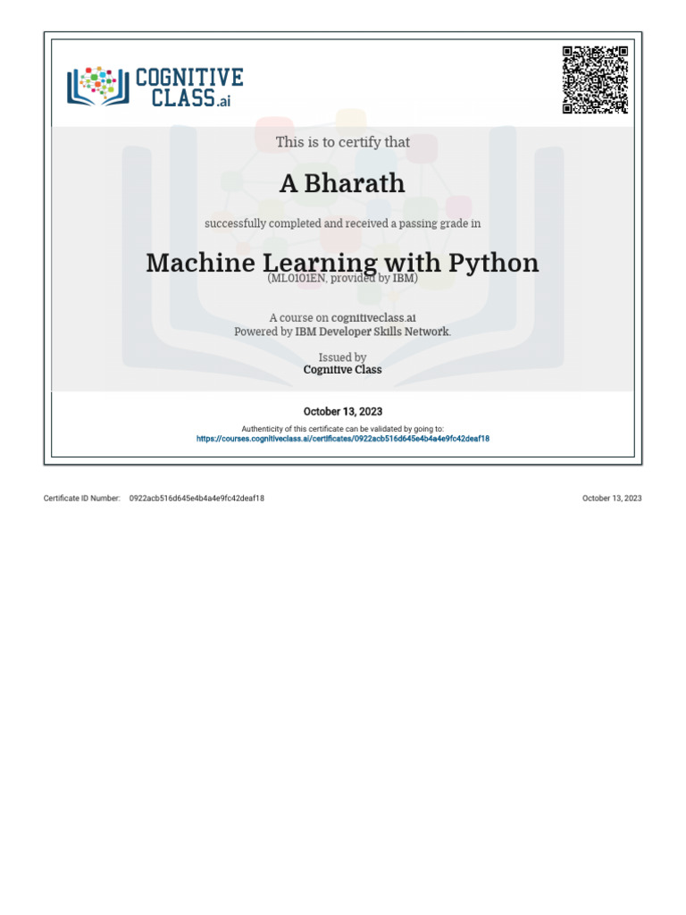 IBM ML0101EN Certificate _ Cognitive Class | PDF