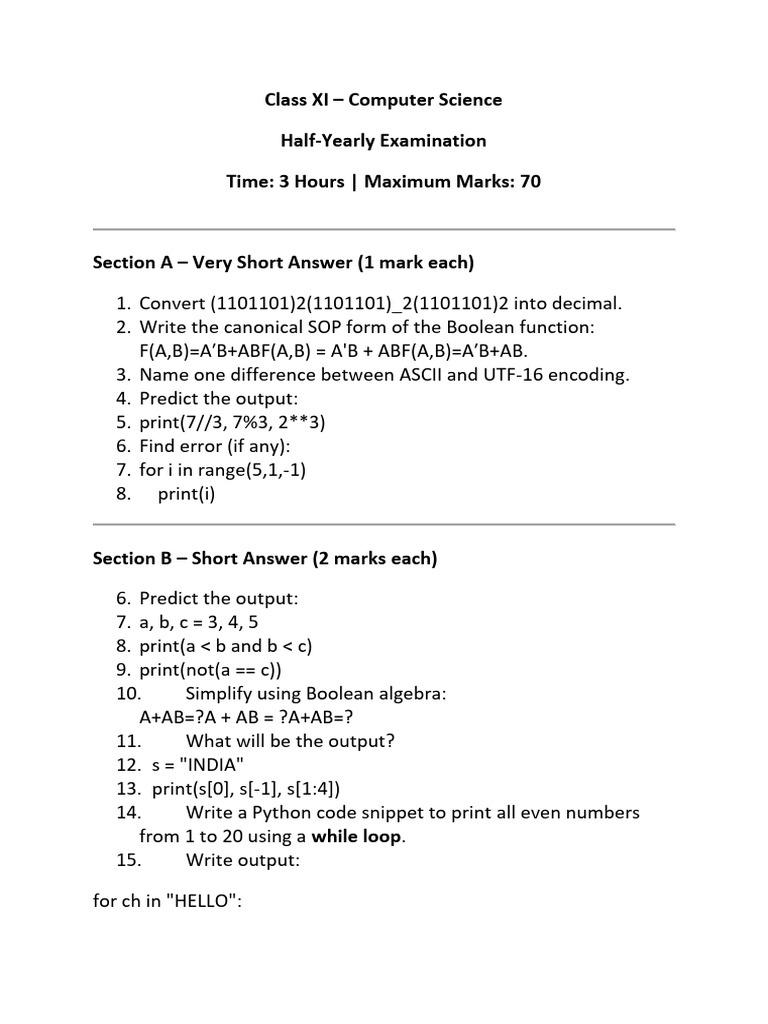 Class XI HY Practice Paper | PDF