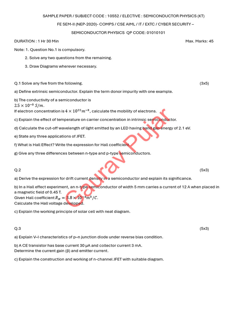 Sample Paper Semiconductor Physics By GP (1) | PDF | Semiconductors | P ...
