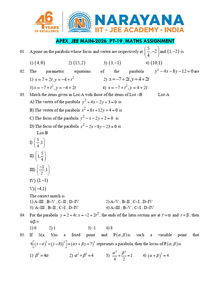 APEX JEEMAIN_2026_MATHS _PT-19_ ASSIGNMENT_F | PDF | Analytic Geometry ...