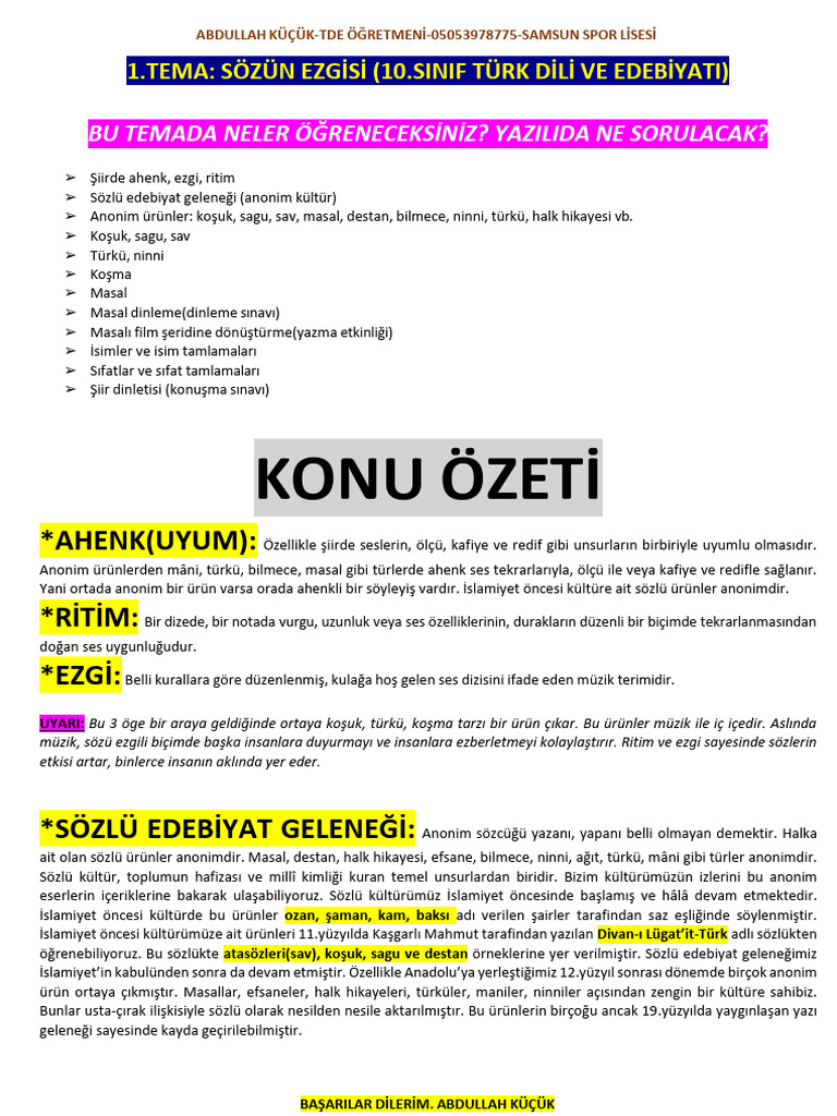 10.Sinif Edebi̇yat 1.Tema Özeti̇-Abdullah Küçük | PDF