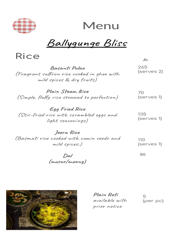Ballygunge Bliss Food Menu - 1 | PDF | Curry | Food And Drink