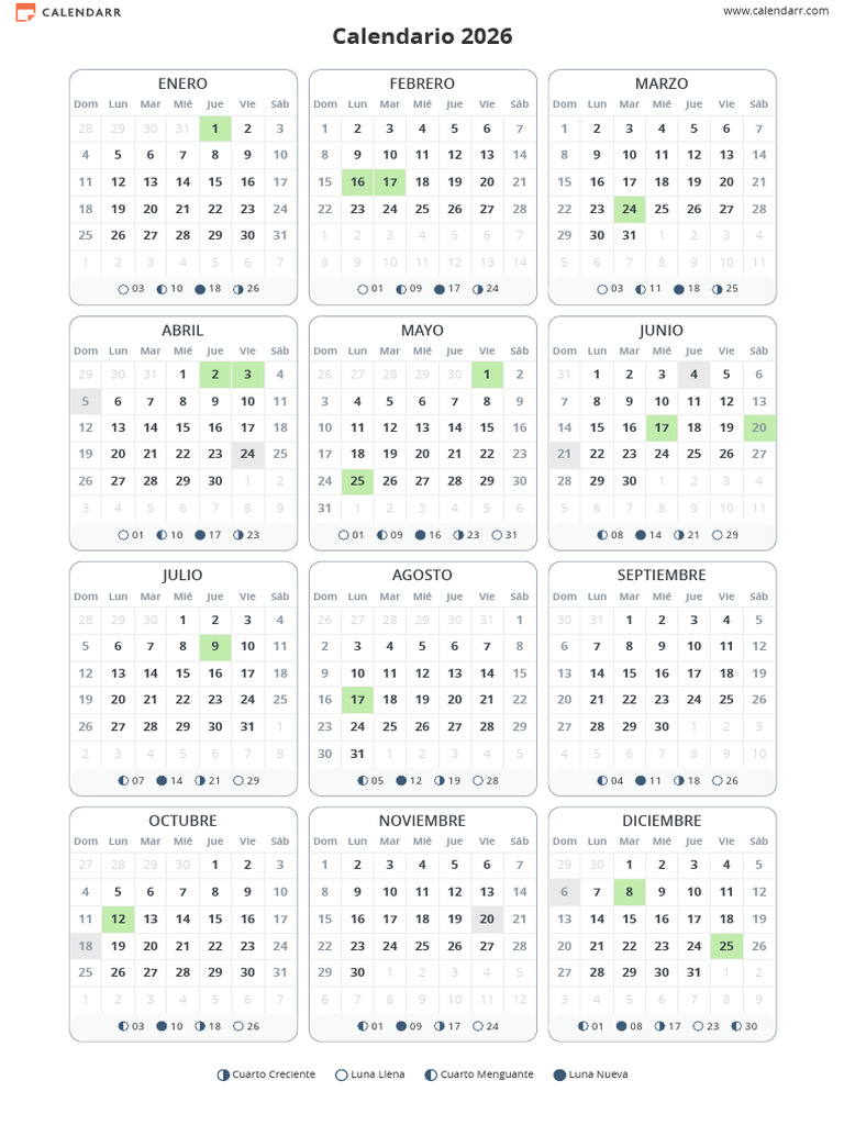 Calendario 2026: Fases Lunares y Festivos | PDF | Días festivos ...