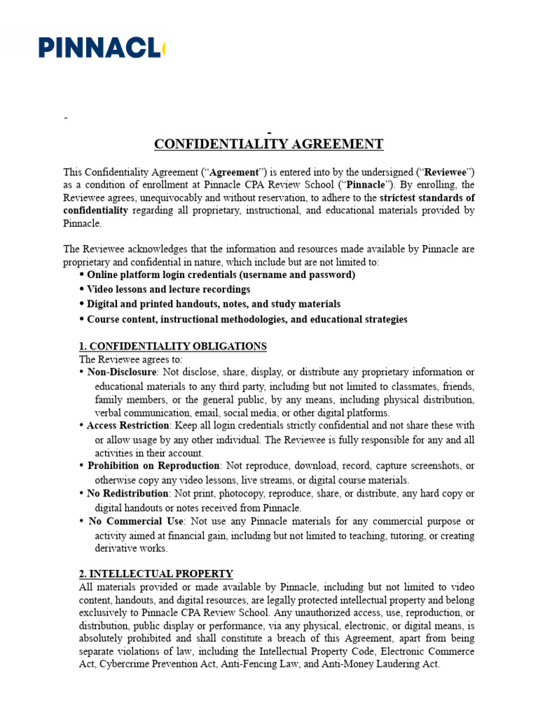 Confidentiality Agreement Pinnacle | PDF | Intellectual Property | Non ...