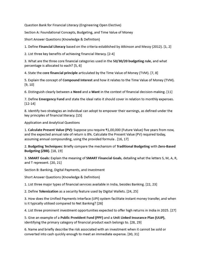 Financial Literacy Question Bank Guide | PDF | Credit | Finance & Money ...