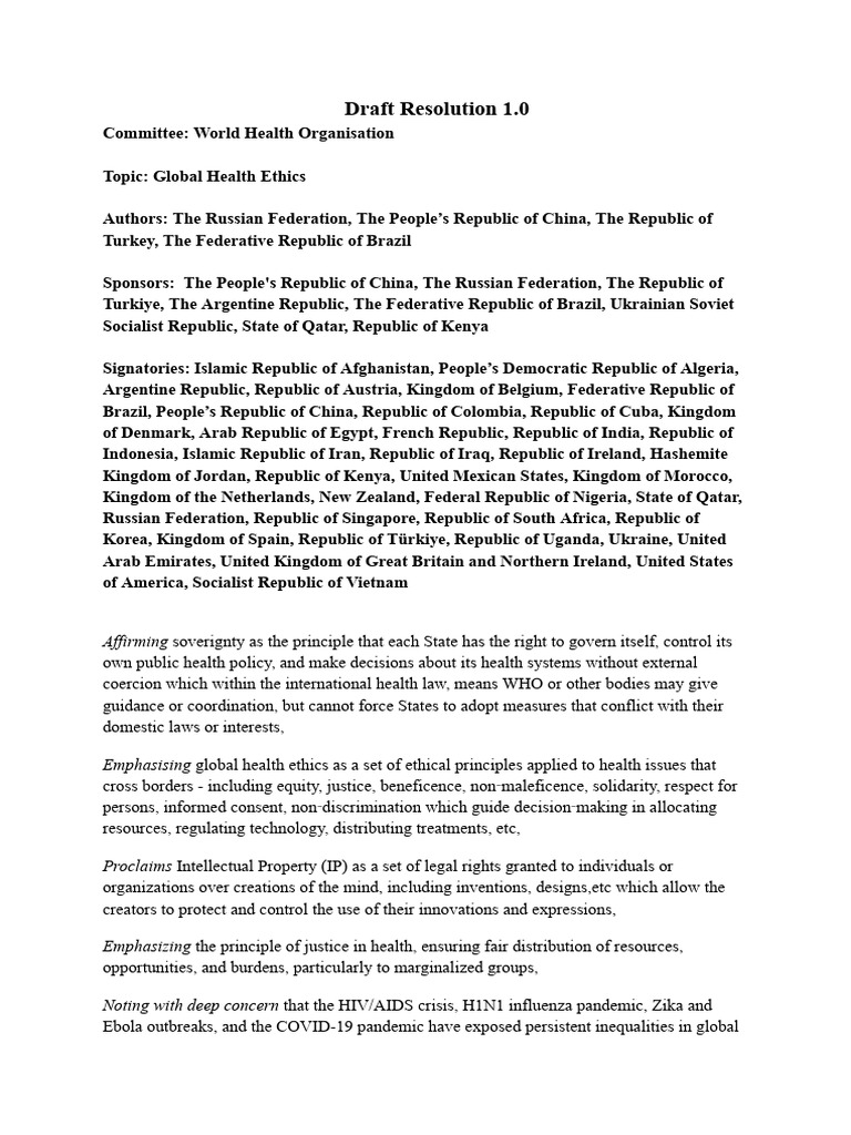 Draft Resolution 1.0 Who | PDF | World Health Organization | Refugee