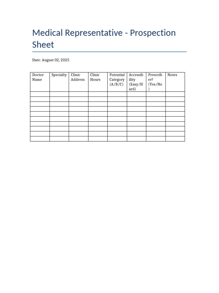 Medical Rep Prospection Sheet Template | PDF