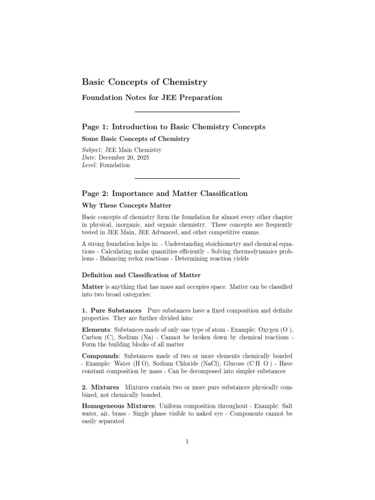 JEE Chemistry: Basic Concepts Guide | PDF | Mole (Unit) | Stoichiometry
