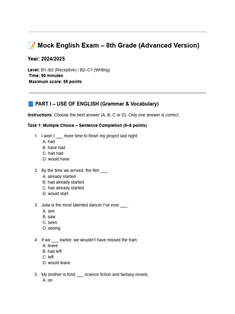 8th Grade Mock English Exam 2024/2025 | PDF | Vocabulary | English Language