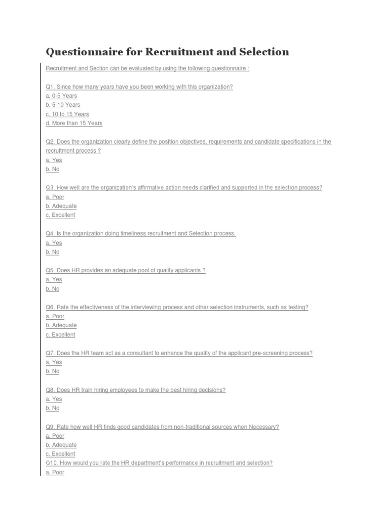 Recruitment and Selection Evaluation Questionnaire | PDF | Systems ...