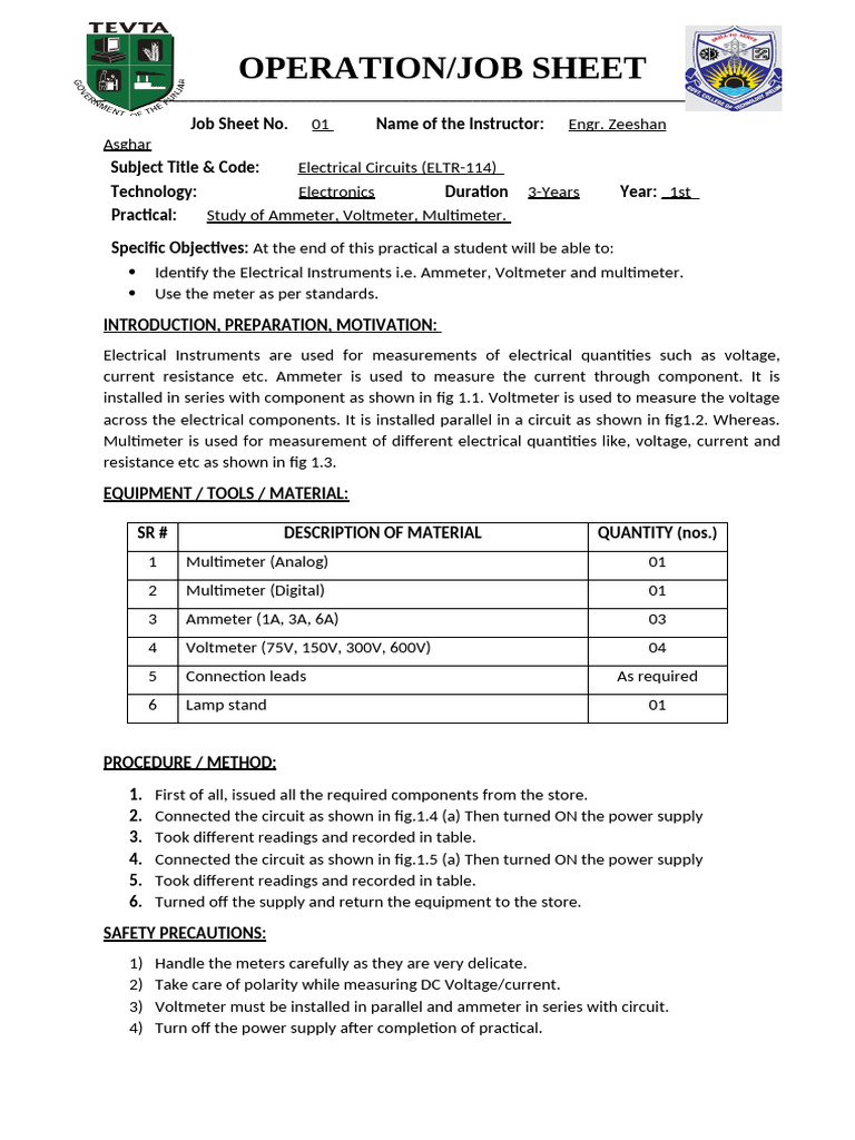Job Sheets - ELTR 114 (A-II) | PDF | Voltage | Electrical Network