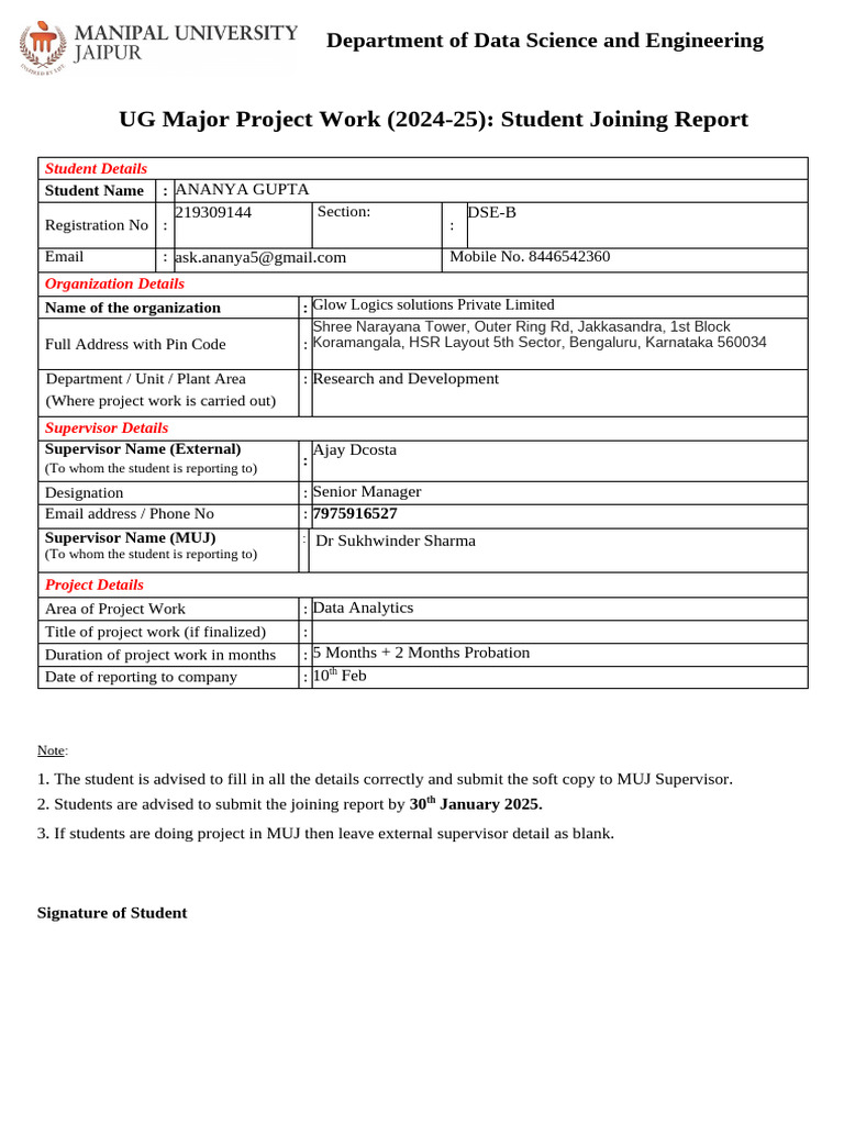 Joining Report Sample Format | PDF