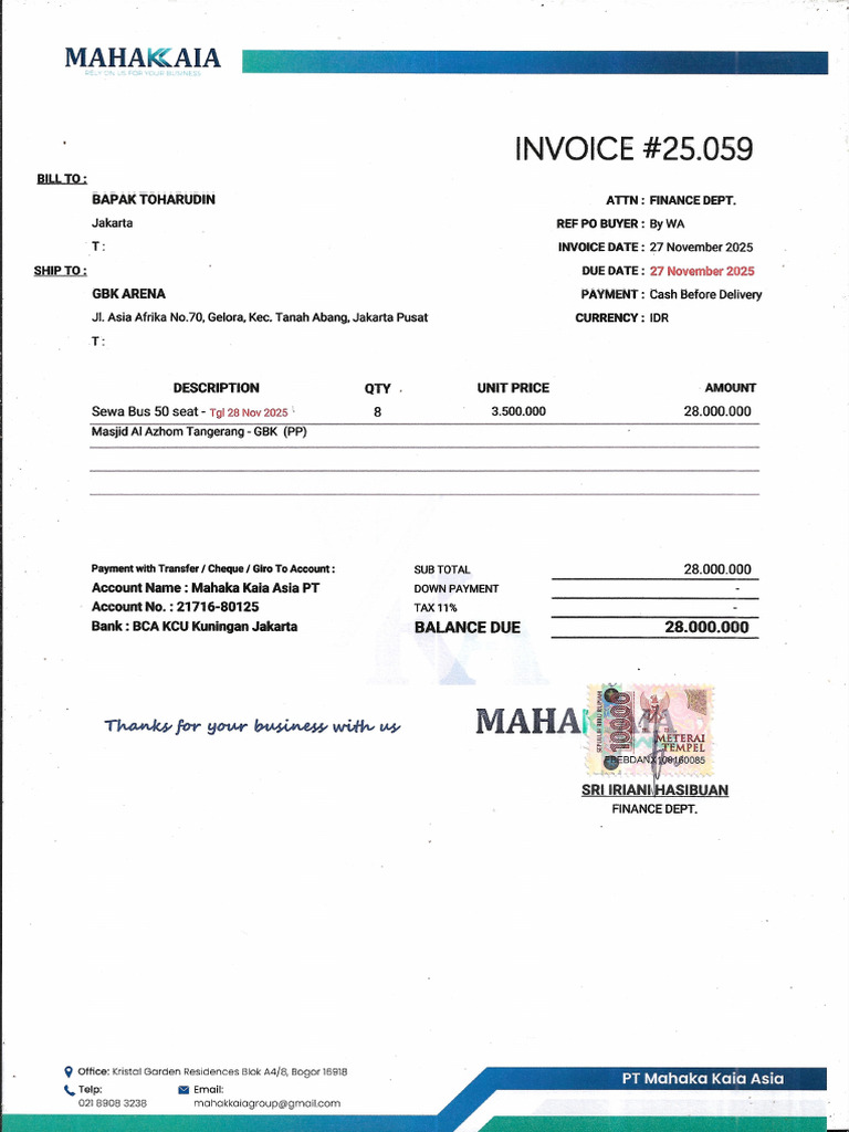 Invoice #25.059 Sewa Bus GBK | PDF