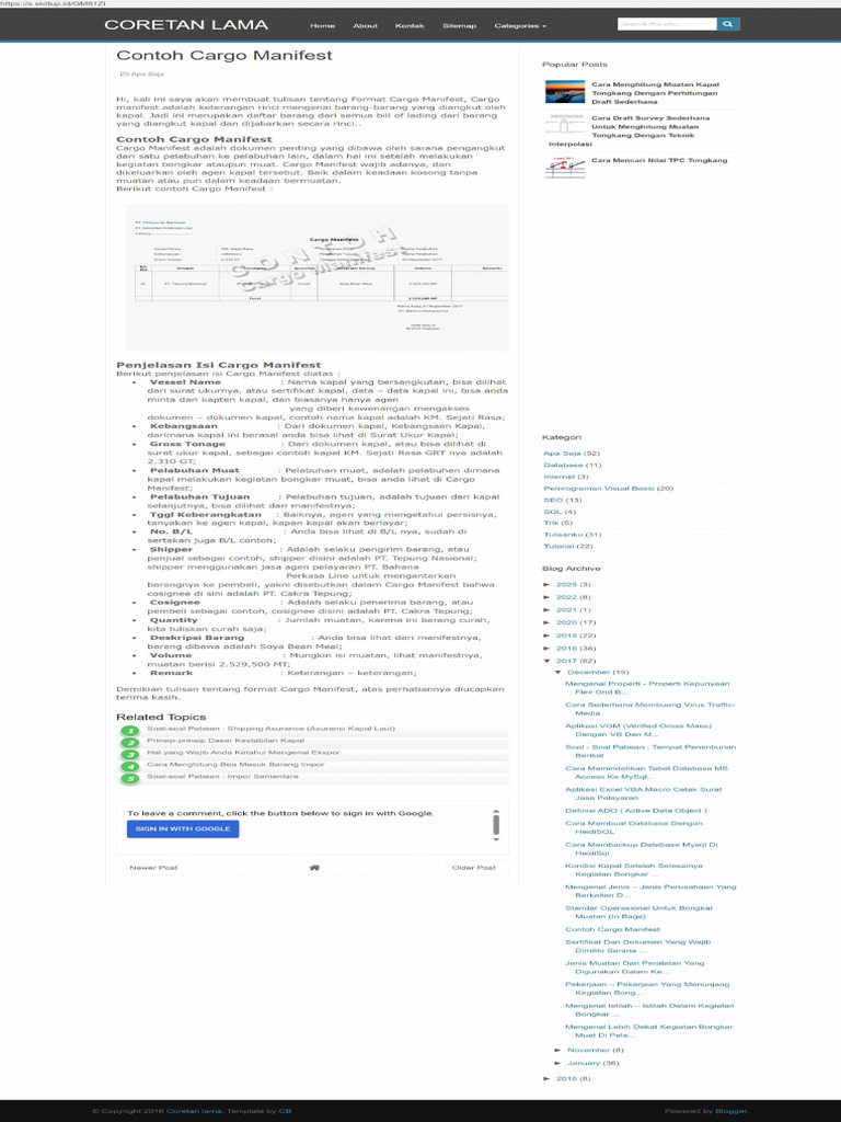 Contoh Cargo Manifest - Coretan Lama | PDF