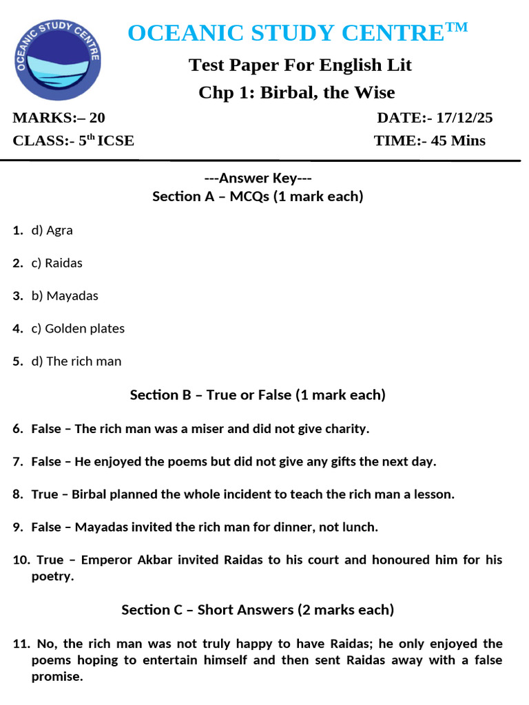 English Lit Test: Birbal the Wise | PDF