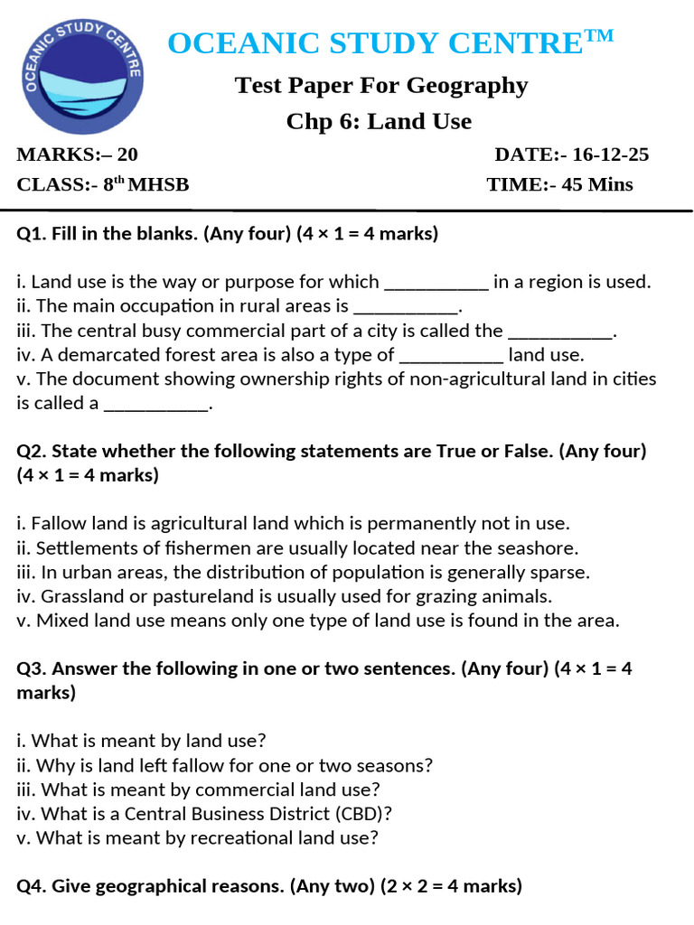 8th MHSB Geo Chp-6 Test Paper | PDF