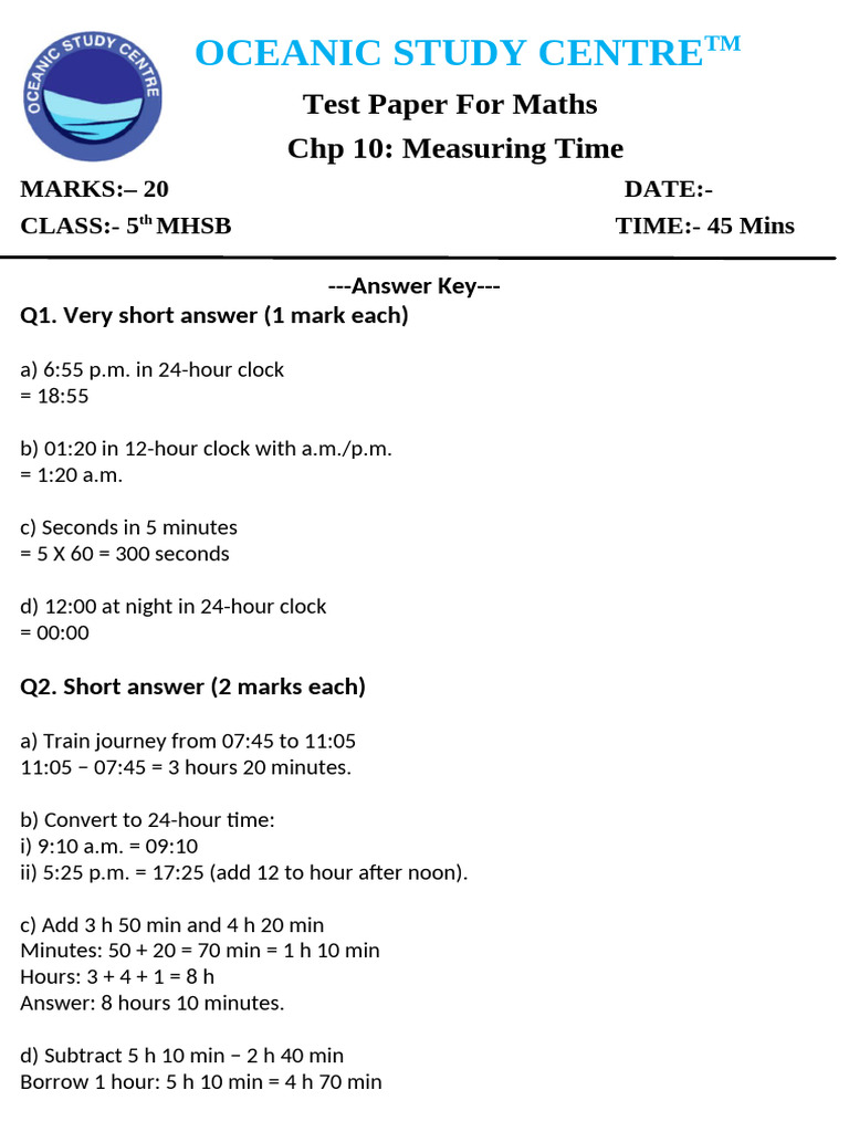 5th Grade Math Test: Measuring Time | PDF