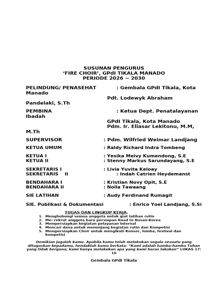 Pengurus Fire Choir GPdI Tikala 2026-2030 | PDF