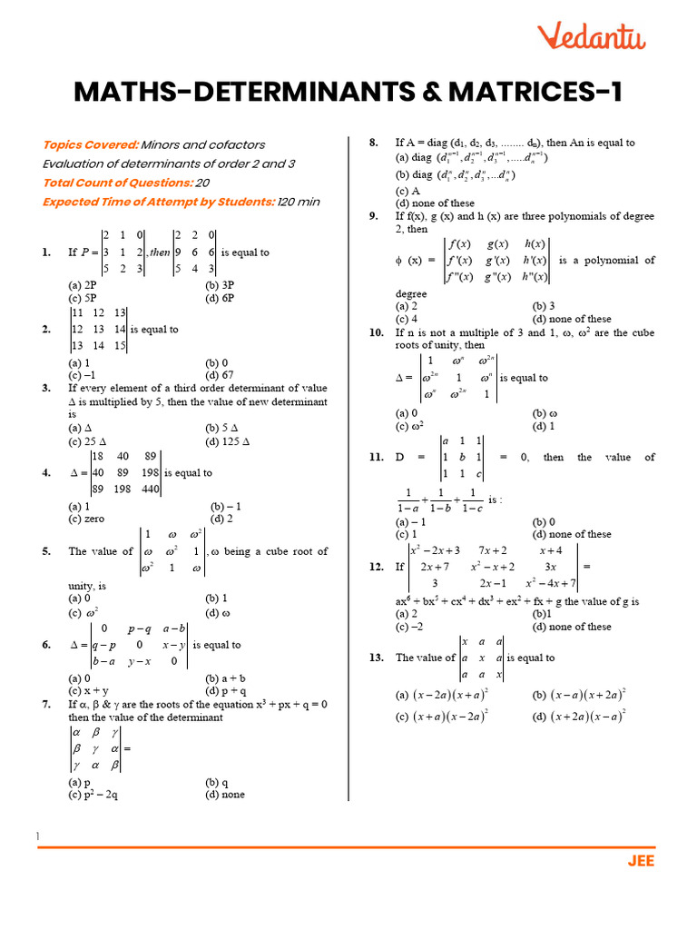 JEE Maths: Determinants & Matrices Guide | PDF | Mathematical Objects ...