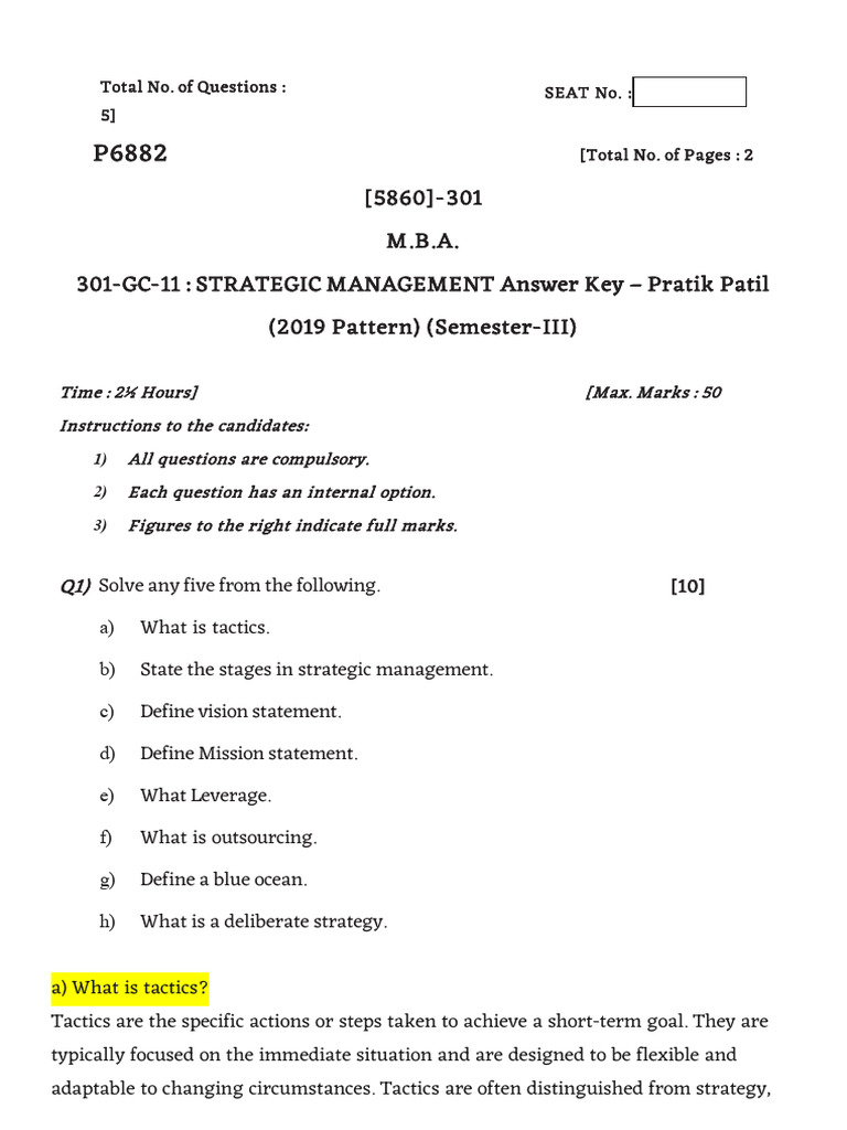 301 Strategic Management 2019 Answer Key | PDF | Strategic Management ...